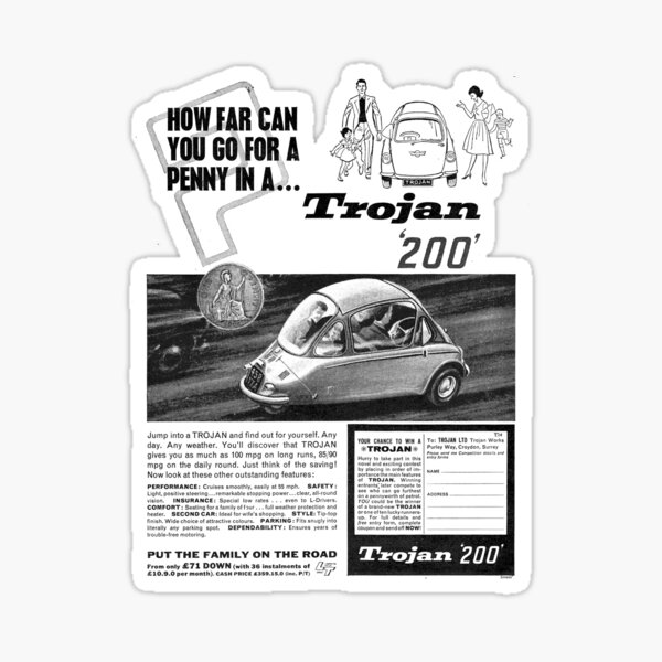"TROJAN BUBBLE CAR" Sticker by ThrowbackMotors | Redbubble