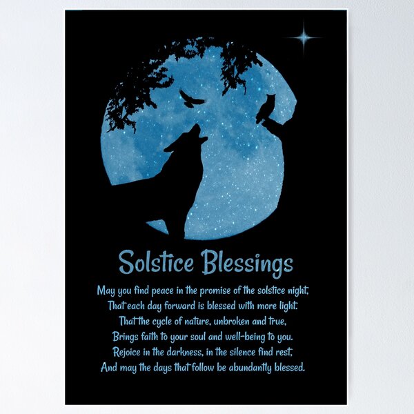"Winter Solstice Yule Wolf, Owl, Raven and Moon Blessings" Poster for ...