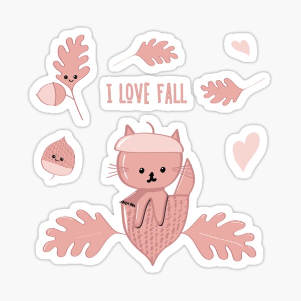 "Peach I Love Fall, Cat in an Acorn and Leaves Sticker Pack" Sticker ...