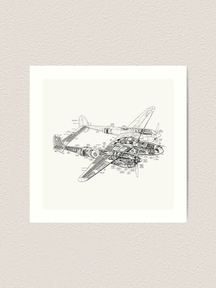 "P-38 Lighting Bomber Airplane - Cutaway Drawing" Art Print for Sale by ...