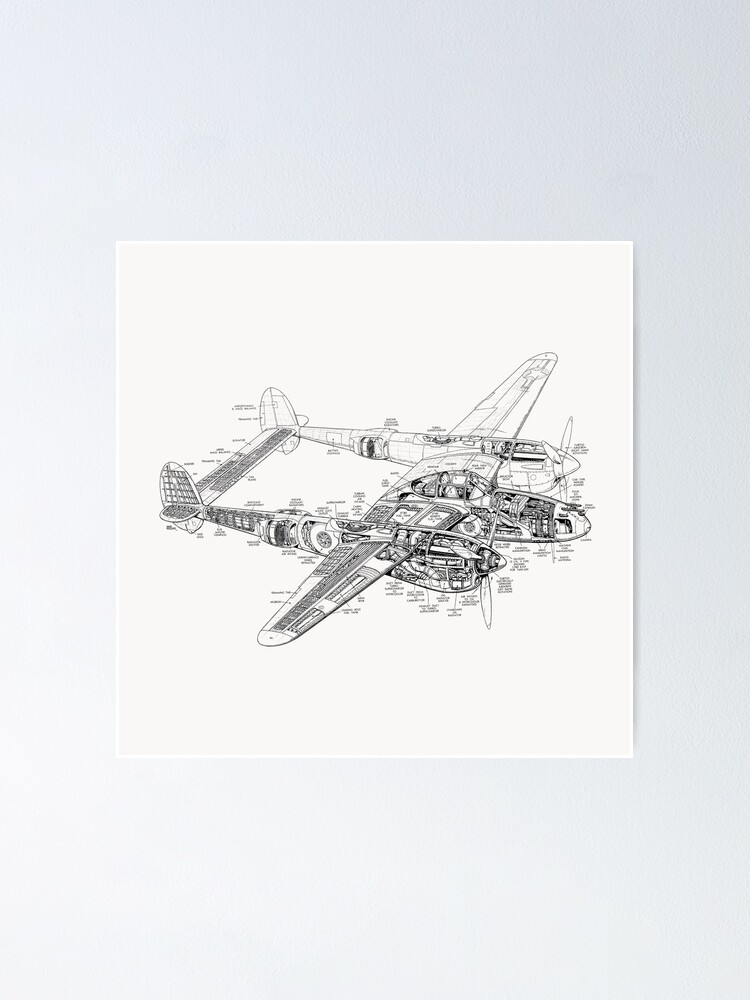 "P-38 Lighting Bomber Airplane - Cutaway Drawing" Poster for Sale by ...