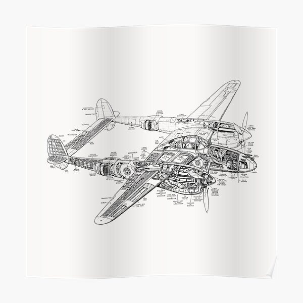 "P-38 Lighting Bomber Airplane - Cutaway Drawing" Poster for Sale by ...