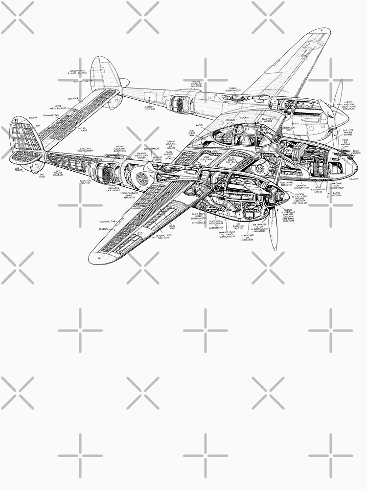 "P-38 Lighting Bomber Airplane - Cutaway Drawing" T-shirt by BERGULATOR ...