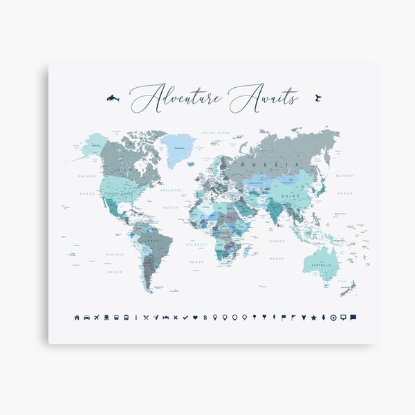 "Adventure Awaits World Map in Teal" Canvas Print by UrbanEpiphany | Redbubble