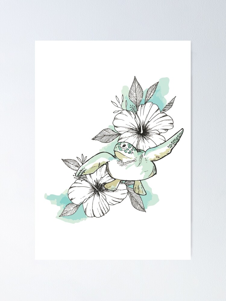 "Sea Turtle with Flowers | Turtle and Hibiscus" Poster by EPOOCH ...