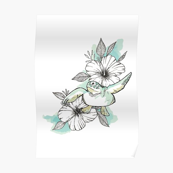 "Sea Turtle with Flowers | Turtle and Hibiscus" Poster by EPOOCH ...