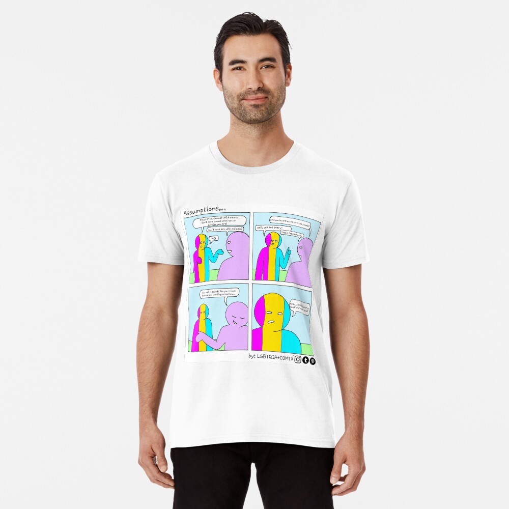 "Assumptions..." Sticker for Sale by LGBTQIACOMIX | Redbubble