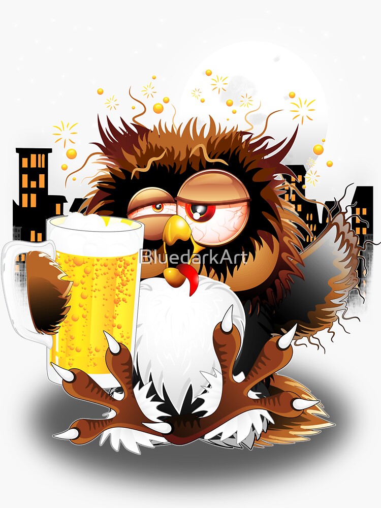 Pegatina «Búho borracho con cerveza personaje divertido» de BluedarkArt ...