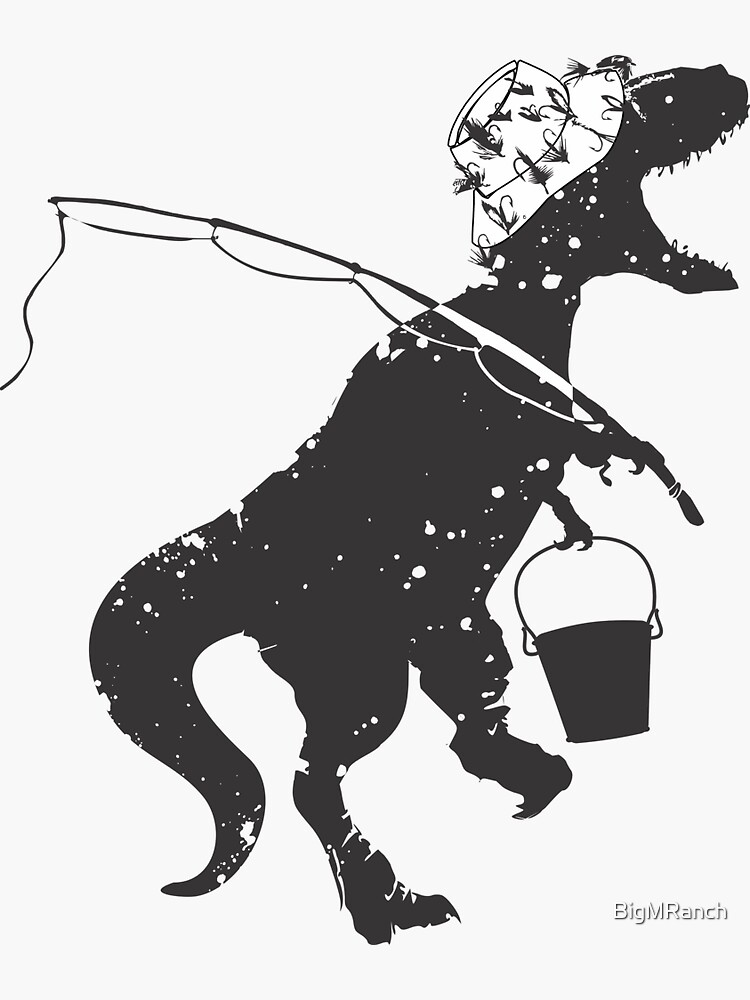 "Dinosaur T-rex tyrannosaurus fisherman fly fishing pole" Sticker for ...