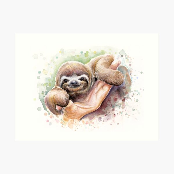 "Baby Sloth Watercolor Painting, Cute Baby Animals Print" Art Print for ...