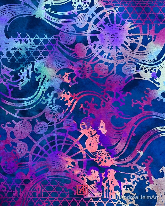 "Japanese Stencil Pattern #2 | Ink Blue & Violet Purple Watercolor" by ...