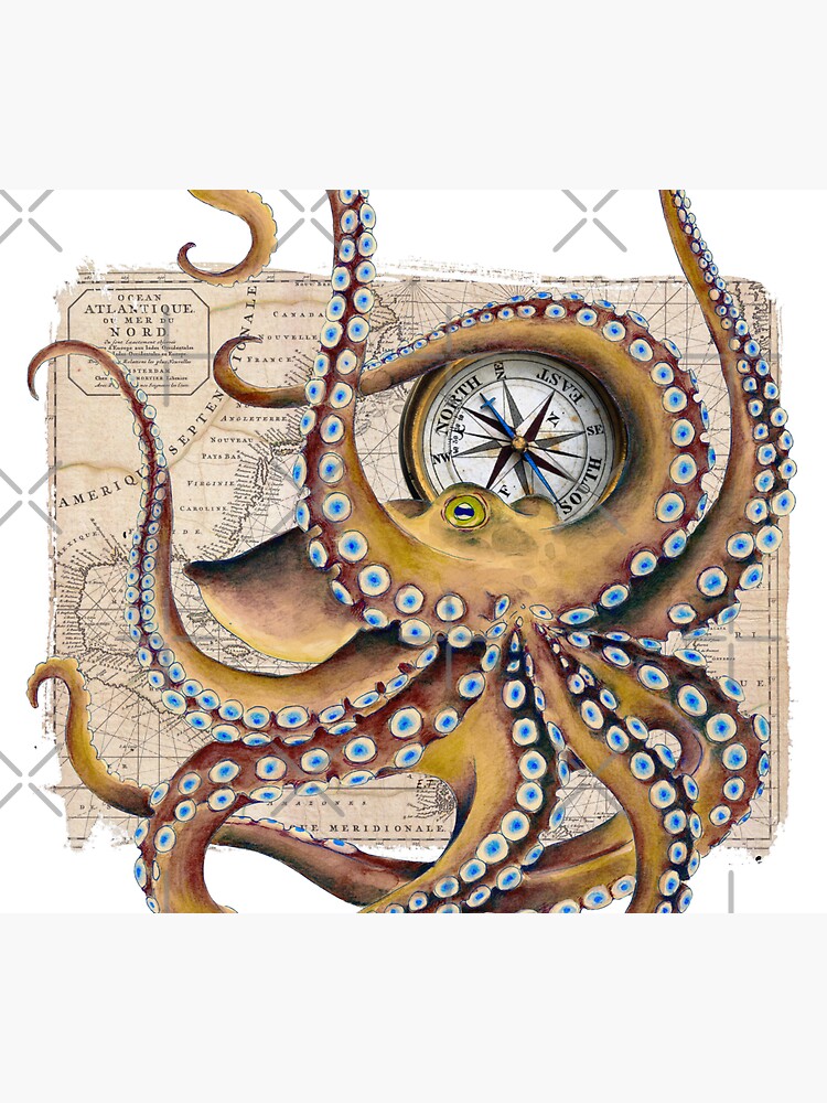 "Octopus Tentacles Art Compass Vintage Map Beach Ocean" Sticker for ...