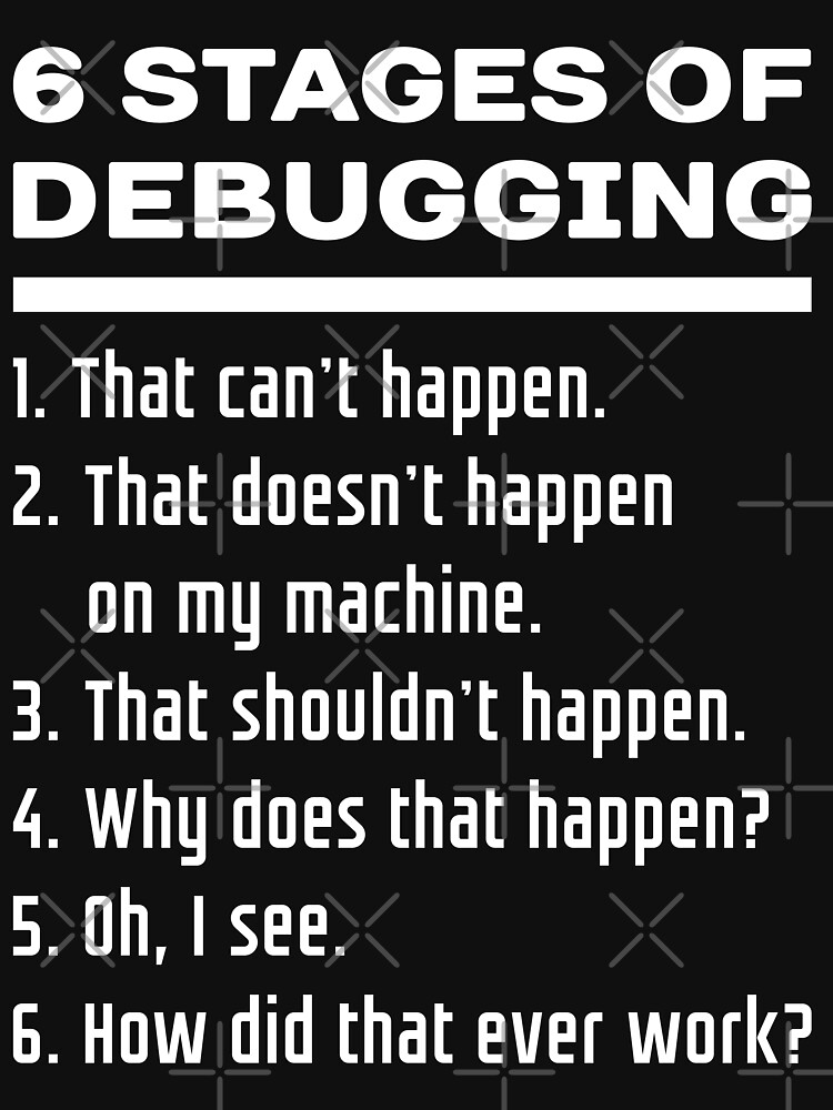 "Six Stages of Debugging Funny Software Development Design White Text ...