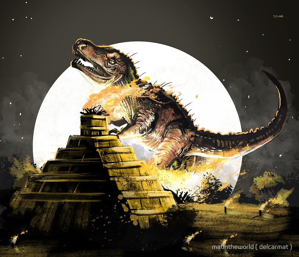 "mayan dinosaur in the fire in the night" by matintheworld | Redbubble