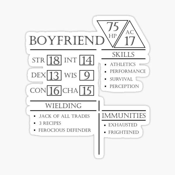 Pegatina «Boyfriend Stats - Ficha de personaje - Negro» de EchoTheBard ...
