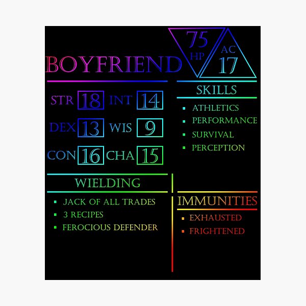 "Boyfriend Stats - Character Sheet - Rainbow" Photographic Print by ...