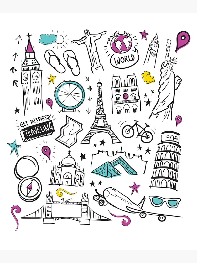 "Travel doodles world landmarks" Poster for Sale by FFelder | Redbubble