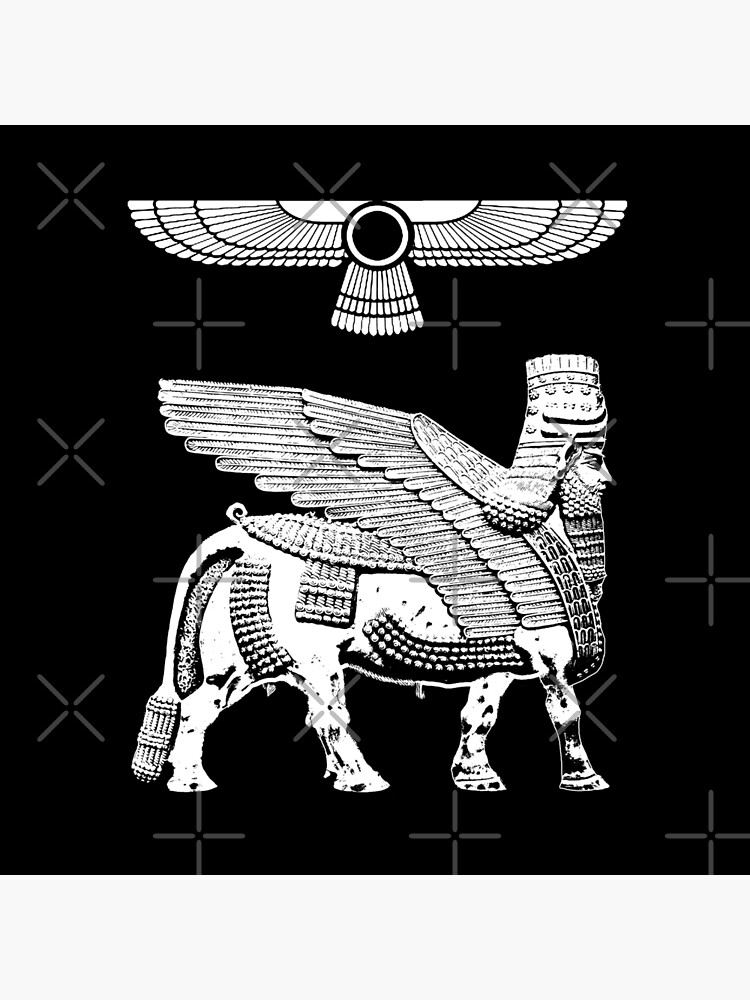 "Assyrian Winged Lamassu Bull and Ashur Winged Sun Disc" Throw Pillow ...