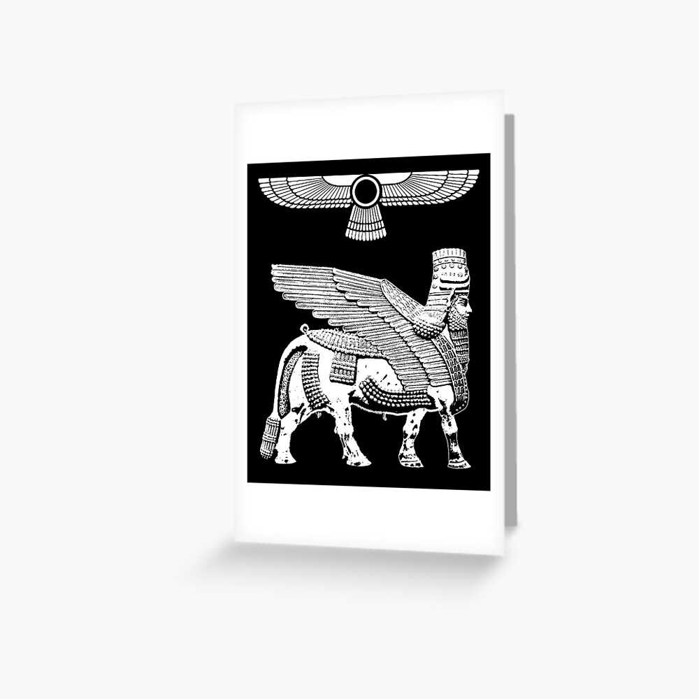 "Assyrian Winged Lamassu Bull and Ashur Winged Sun Disc" Greeting Card ...
