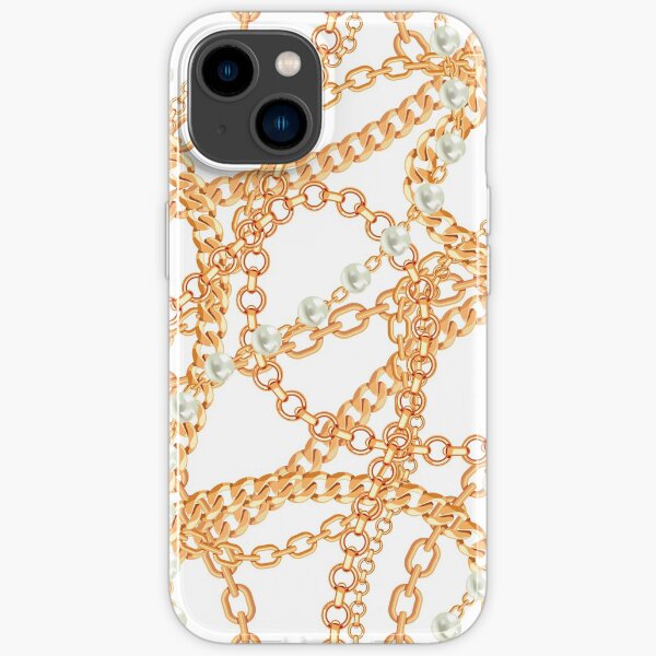 "Beautiful White Print with Gold Chains and Pearls Pattern" iPhone Case ...