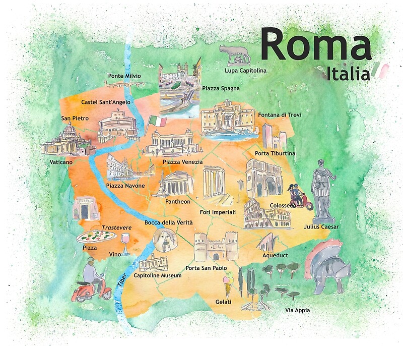 "Rome Italy Illustrated Travel Poster Favorite Map Tourist Highlights ...