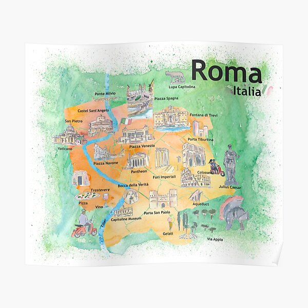 "Rome Italy Illustrated Travel Poster Favorite Map Tourist Highlights ...