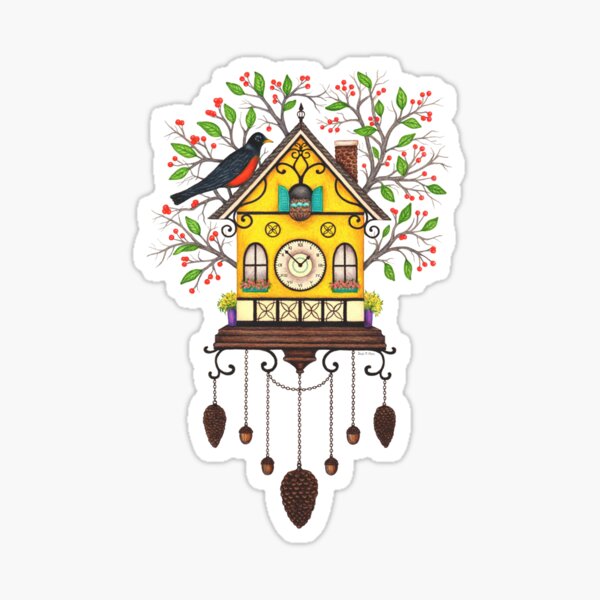 "Robin's Birdhouse Cuckoo Clock" Sticker by wendimooreart | Redbubble