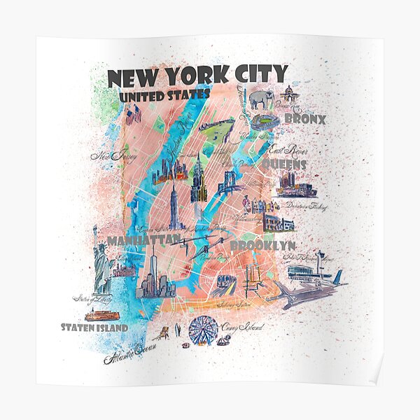 "New York City Travel Poster Map with Street map and Highlights" by ...