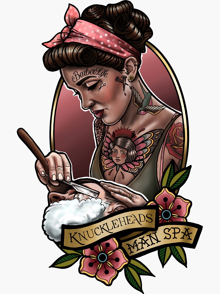"knuckleheads girl barber" Sticker for Sale by knuckleheads man spa ...