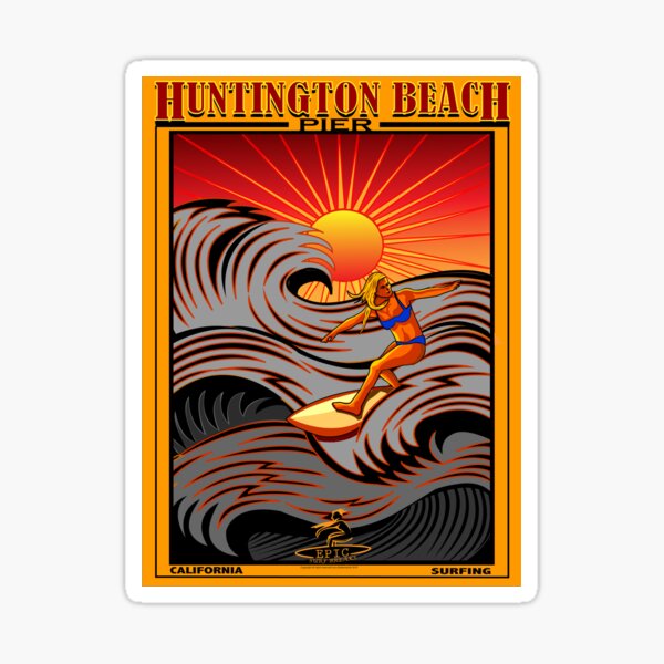 "HUNTINGTON BEACH PIER CALIFORNIA SURFING" Sticker by theoatman | Redbubble