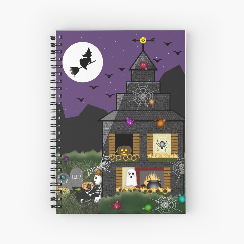 "Spooky Halloween Haunted House Cartoon with Witch, Spiders, Skeleton ...