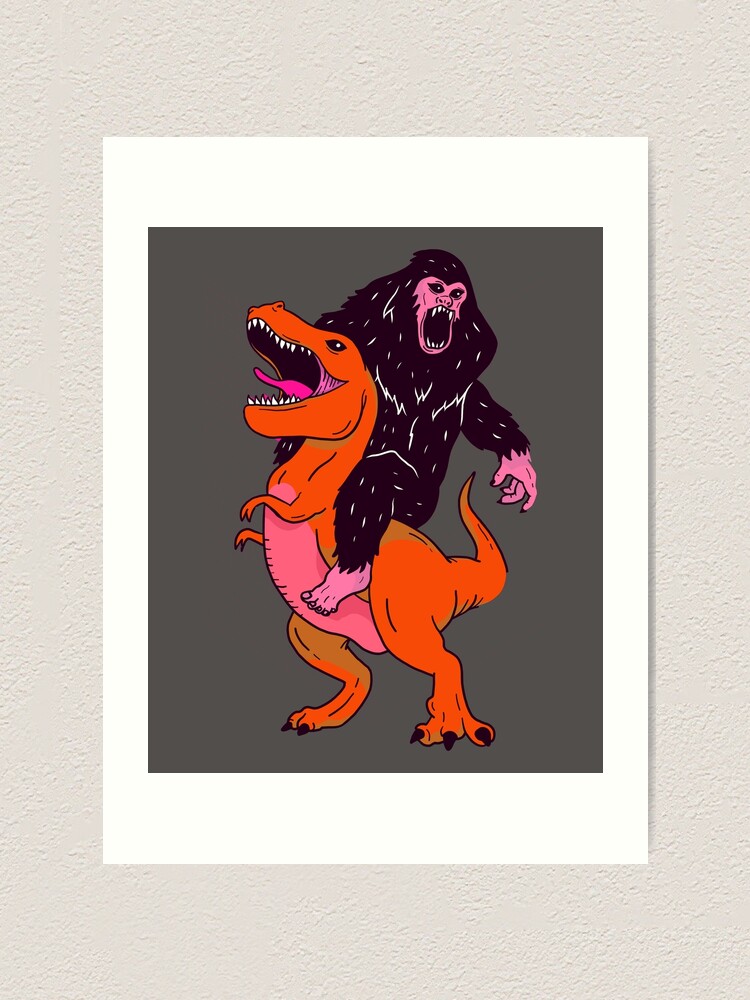 "Bigfoot Riding Dinosaur Sasquatch T rex" Art Print for Sale by ...