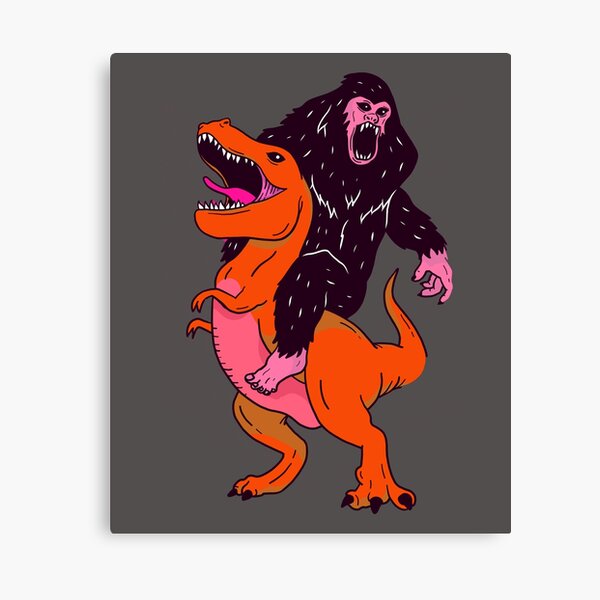 "Bigfoot Riding Dinosaur Sasquatch T rex" Canvas Print by Adventure ...