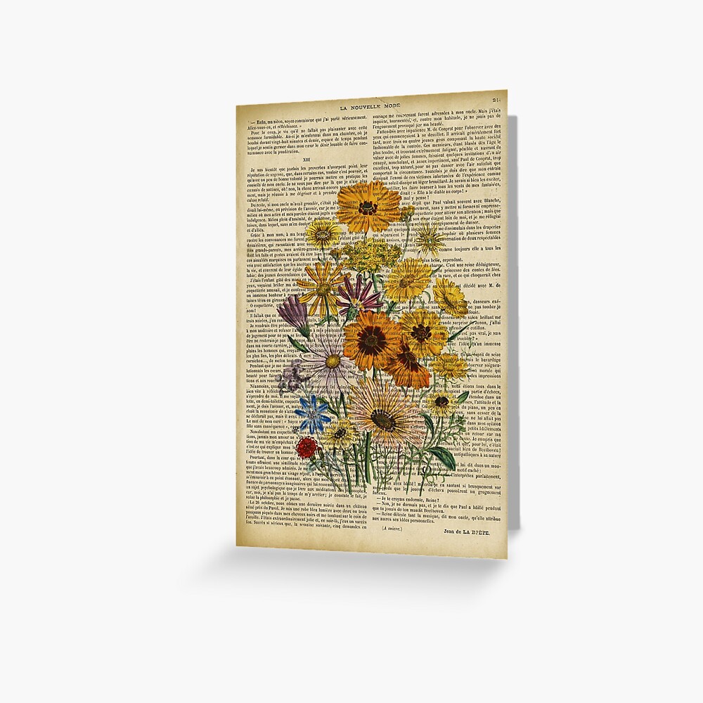 "Botanical print, on old book page - Garden flowers" Greeting Card for ...