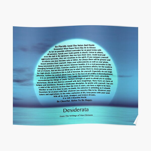 "Desiderata POEM by Max Ehrmann Blue Moon Ocean Sunset" Poster for Sale ...