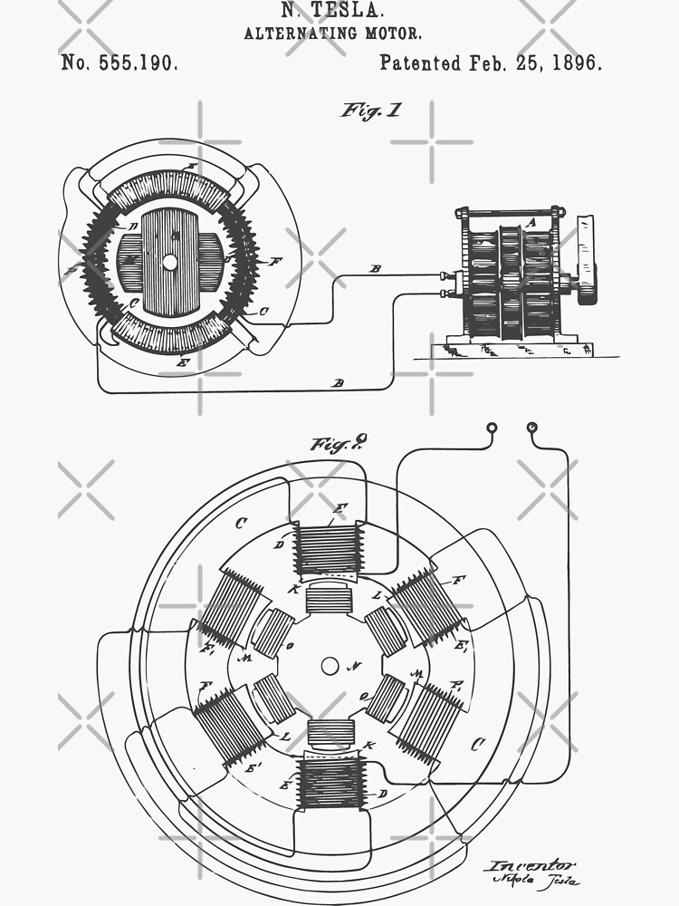 "Tesla Alternating Motor Patent Drawing (1896)" Sticker for Sale by ...