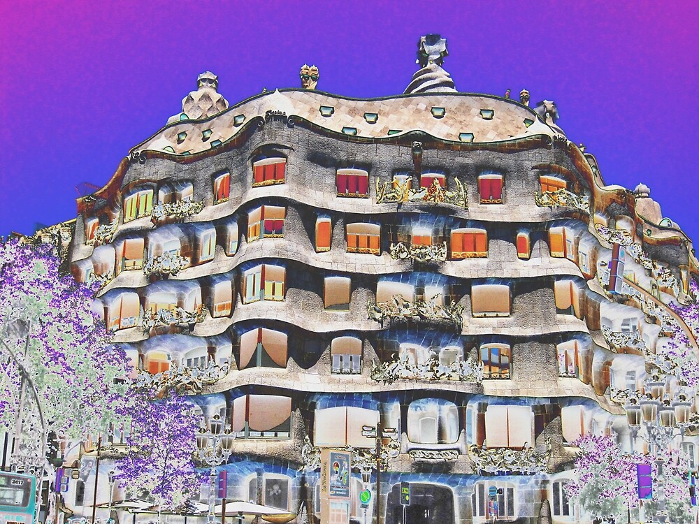 "Gaudi building Barcelona, cartoon-like" by aboulghourjian | Redbubble
