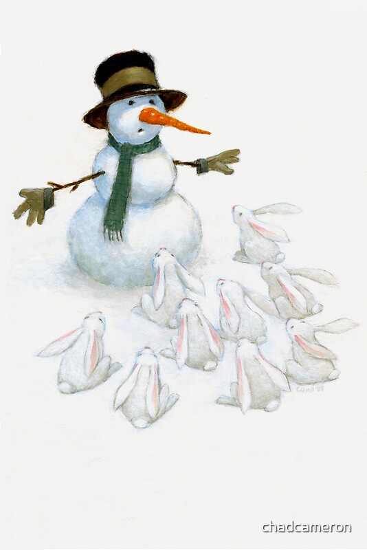 "Snowman with Carrot Nose Facing Hungry Bunnies" by chadcameron | Redbubble