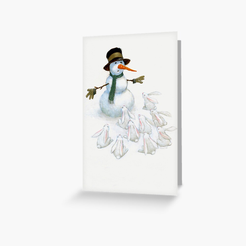 "Snowman with Carrot Nose Facing Hungry Bunnies" Greeting Card for Sale ...