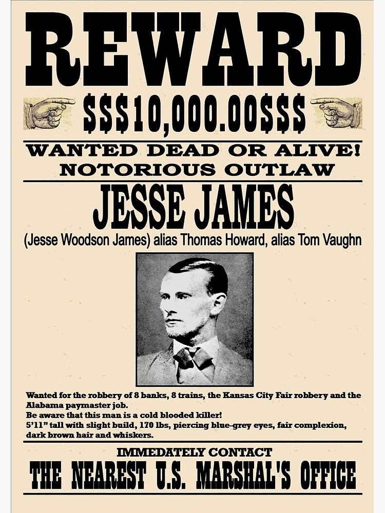 "JESSE JAMES : Vintage Restored Wanted Poster" Metal Print for Sale by ...