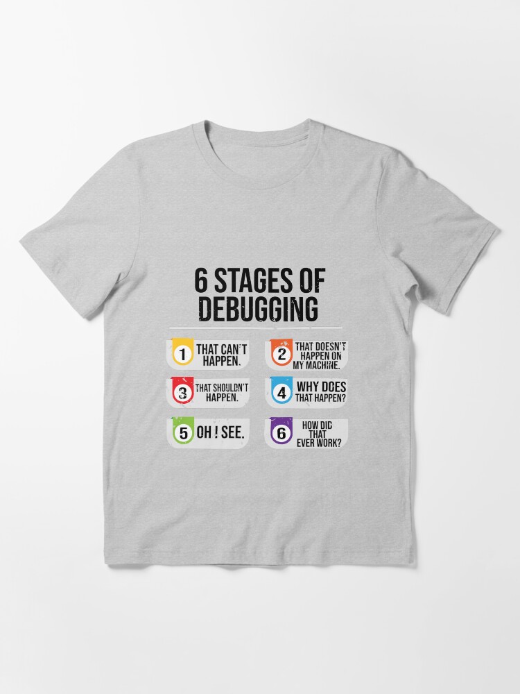 "6 Stages Of Debugging Computer Programming " T-shirt for Sale by eulonix | Redbubble | bug t ...