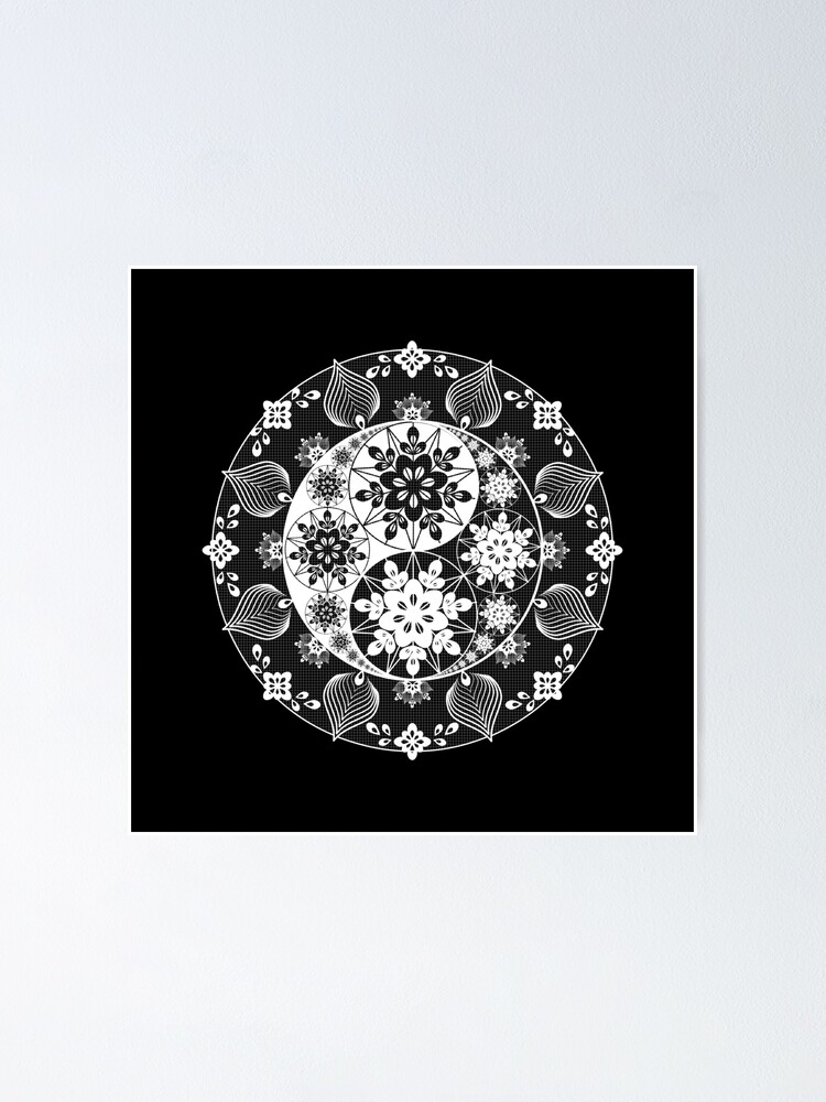 Poster « Yala et Yang Fleurs et Feuilles Mandala Floral en Noir et ...