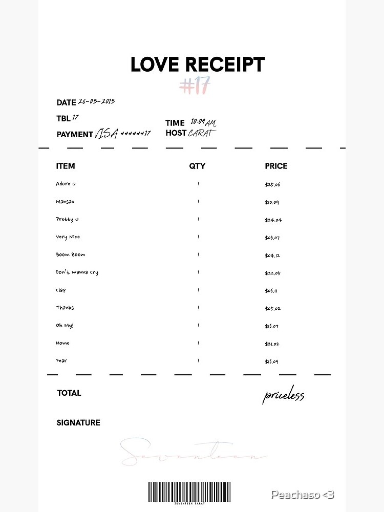 "SEVENTEEN Love Receipt" Postcard for Sale by Peachaso