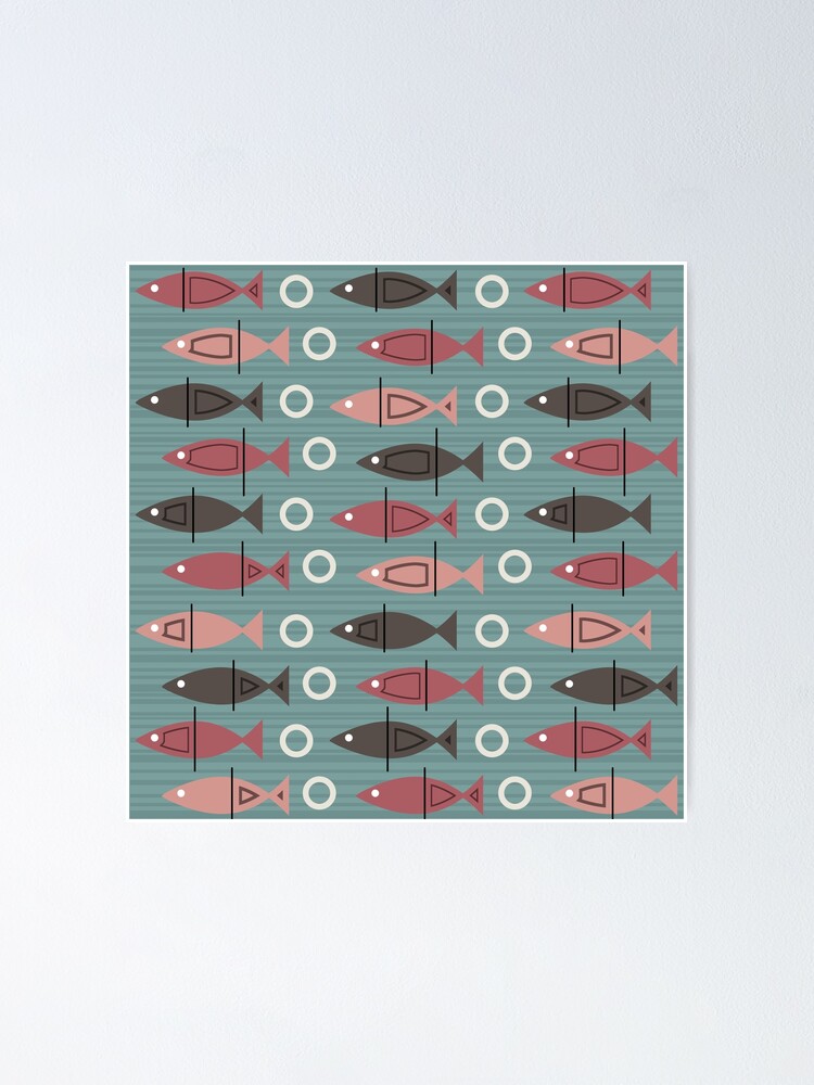 "Mid Century Modern Fish Pattern Teal Salmon Pink Brown" Poster for ...