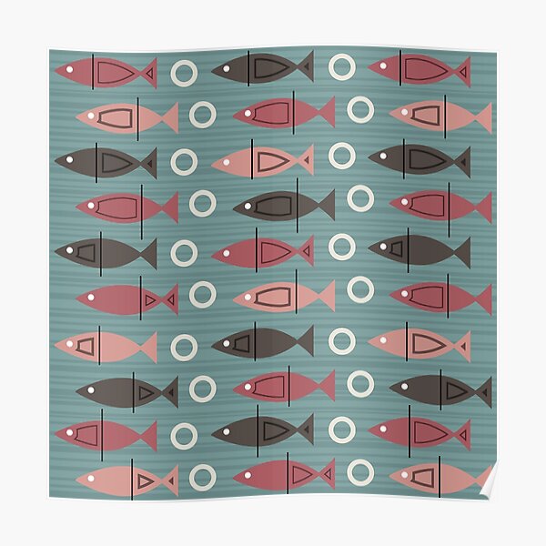 "Mid Century Modern Fish Pattern Teal Salmon Pink Brown" Poster for ...