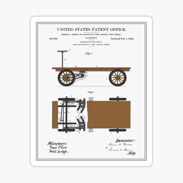 "Thomas Edison Automobile Patent - Colour" Sticker for Sale by ...