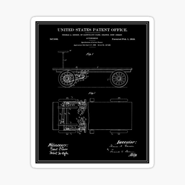 "Thomas Edison Automobile Patent - Black" Sticker by FinlayMcNevin ...