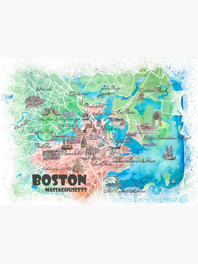 "Boston Massachusetts USA Illustrated Map with Main Roads Landmarks and ...