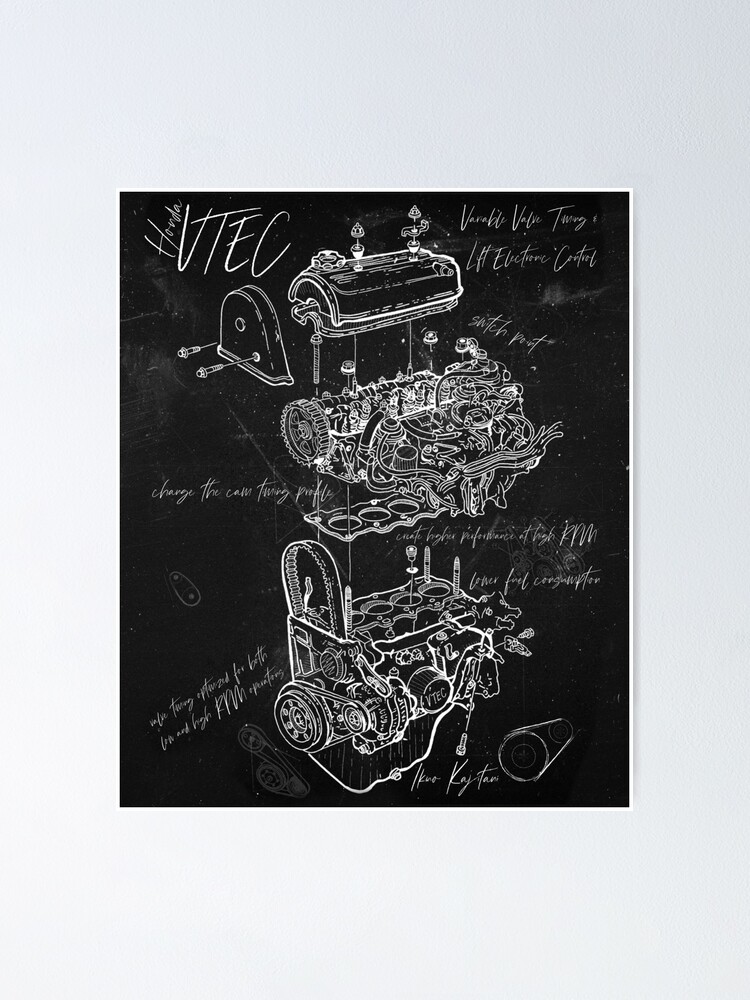 "VTEC Engine Artistic Styled BluePrint/Sketch " Poster for Sale by ...
