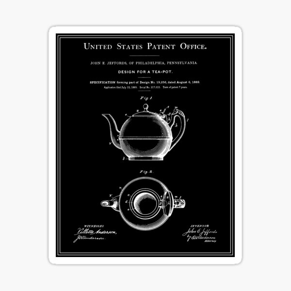 "Tea Pot Patent - Black" Sticker by FinlayMcNevin | Redbubble